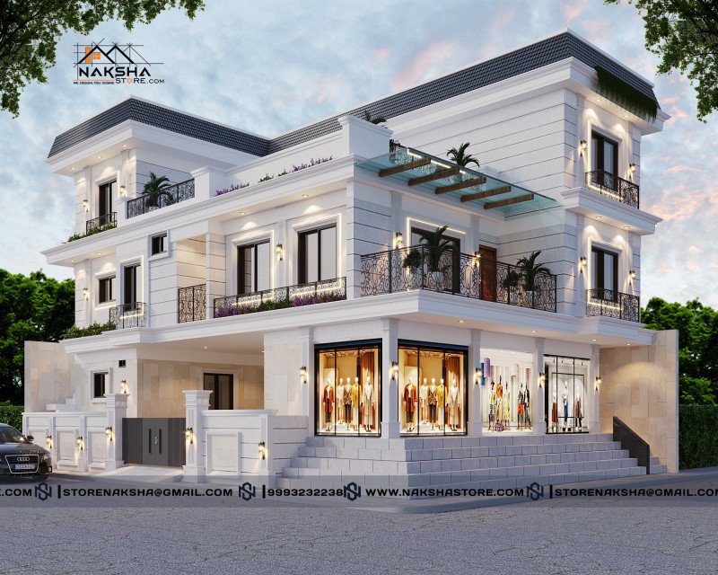Luxurious Corner 3D Elevation Design | Modern Commercial cum ...