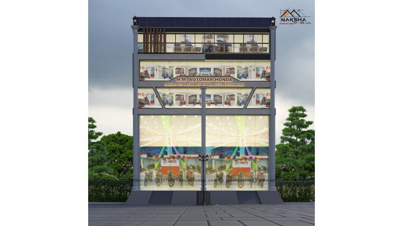 Modern Commercial 3D Elevation for Honda Showroom – 30×40 ft Building ...